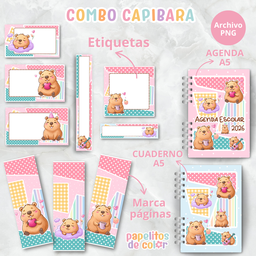 🦫 Combo Capibara Escolar🎒 – Papelitos de Color