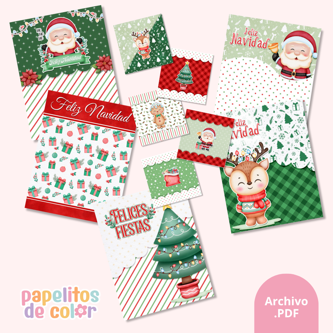 🎁 Pack de Tarjetas y Envoltorios Navideños – Papelitos de Color